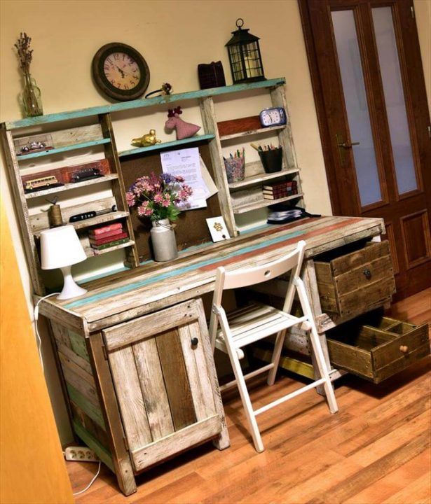 Antique Pallets Wood Desk with Shelves