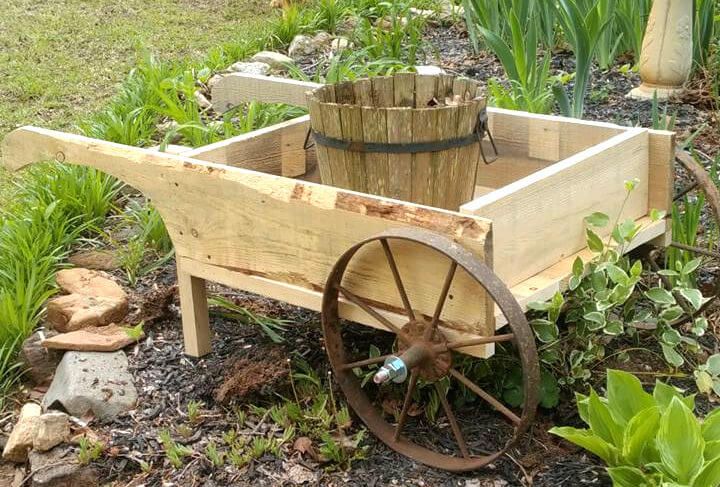 Pallet and Old Cart Wheel Garden Wheelbarrow