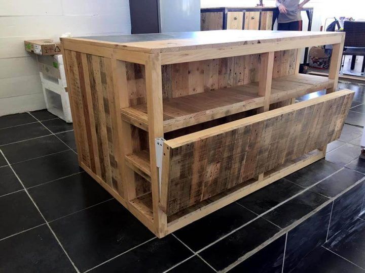 Pallet Sideboard with Drawers, Cabinets & Folding Bar