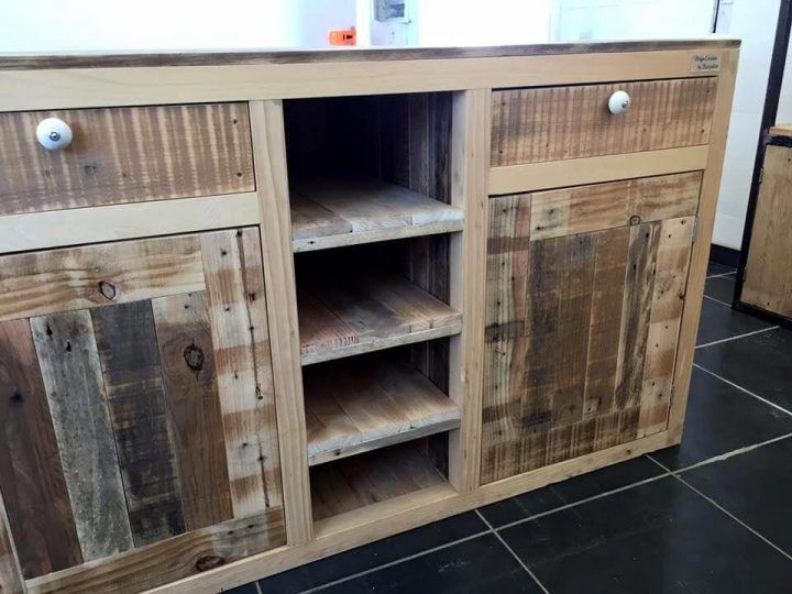 Pallet Sideboard with Drawers, Cabinets & Folding Bar