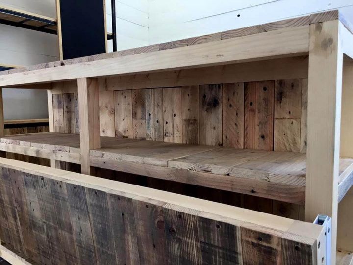 Pallet Sideboard with Drawers, Cabinets & Folding Bar